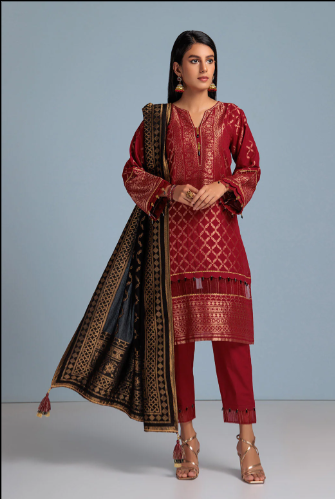 BONANZA SATRANGI RED-JACQUARD-3 PIECE (ABN233P07A) - Dhaga.pk